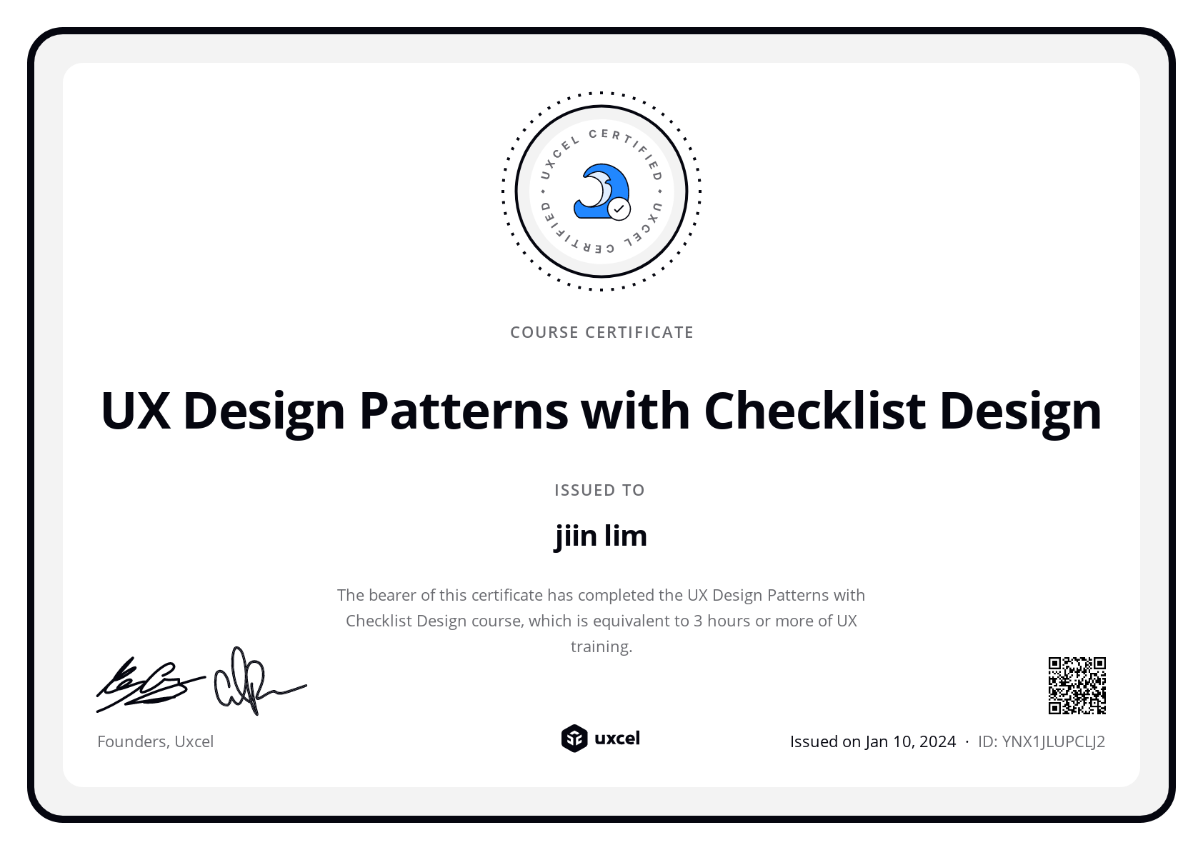 Certificate of completion for UX Design Patterns with Checklist Design | Uxcel